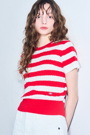 [24SS] WOMAN 텐셀 스트라이프 케이블 하프 니트 [RED] / WBD2L05539_GENERAL IDEA - 코오롱몰