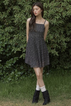 [ADAUL] Dust flower chiffon mini dress - black