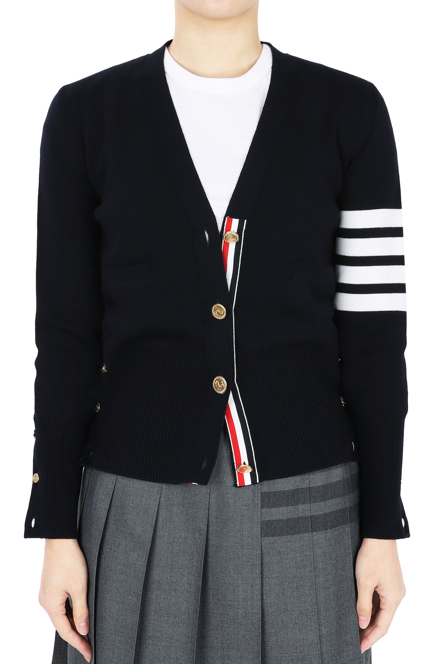 톰브라운 여성 메리노 울 V넥 가디건(네이비) FKC207A 00014 415_THOM BROWNE