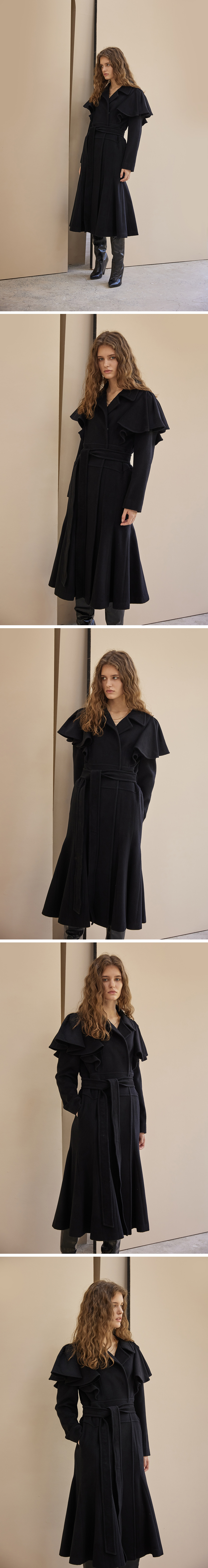 [22FW] 러플 소매 머메이드 롱 코트_블랙_CAHIERS