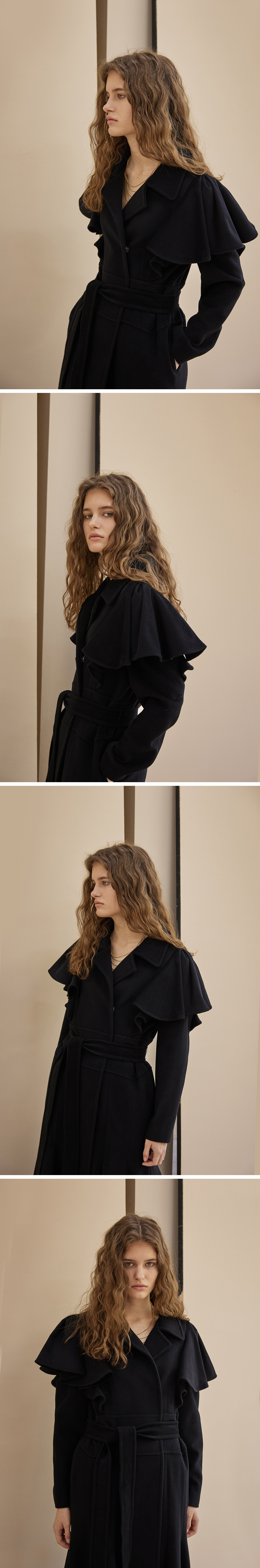 [22FW] 러플 소매 머메이드 롱 코트_블랙_CAHIERS